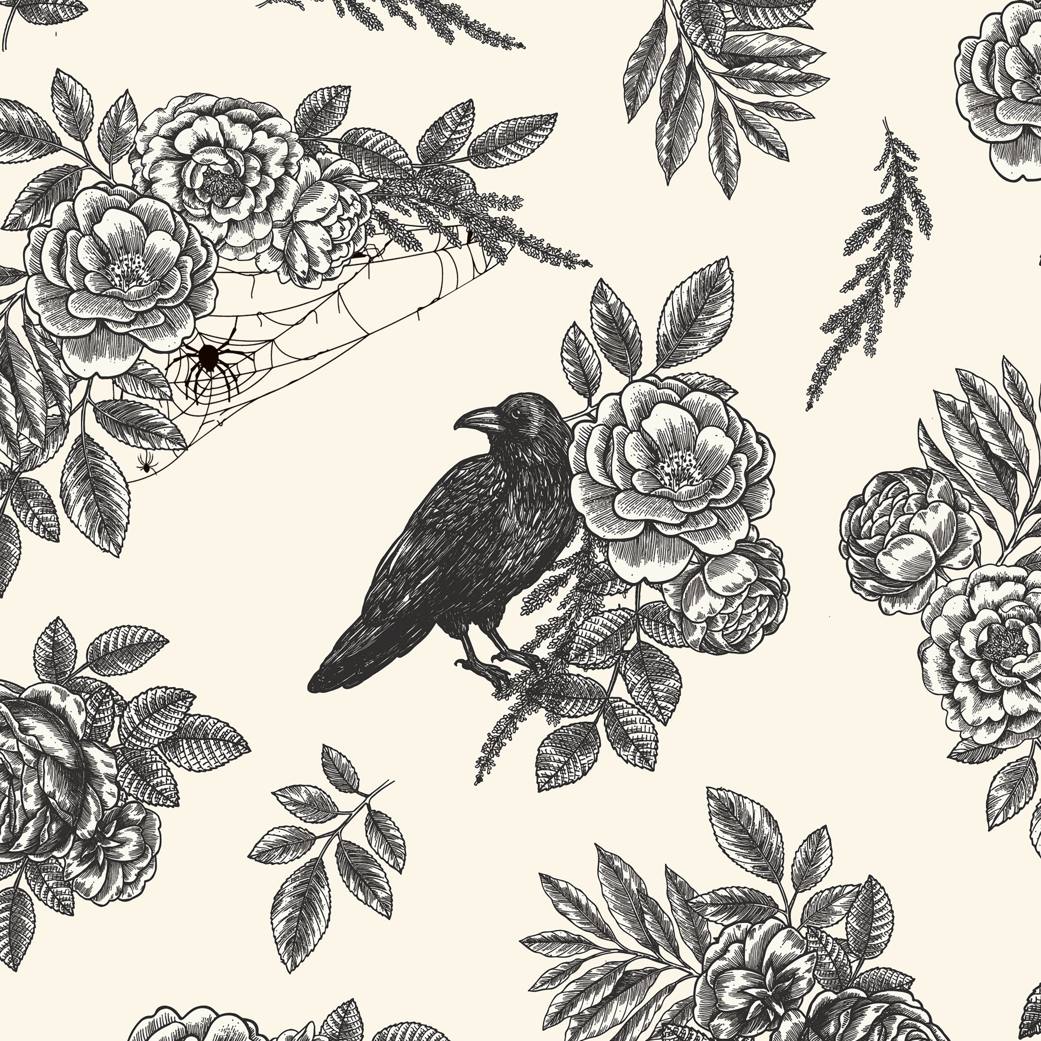 Sophisticated Halloween | Floral Raven Cream 108" Wide Back by My Mind