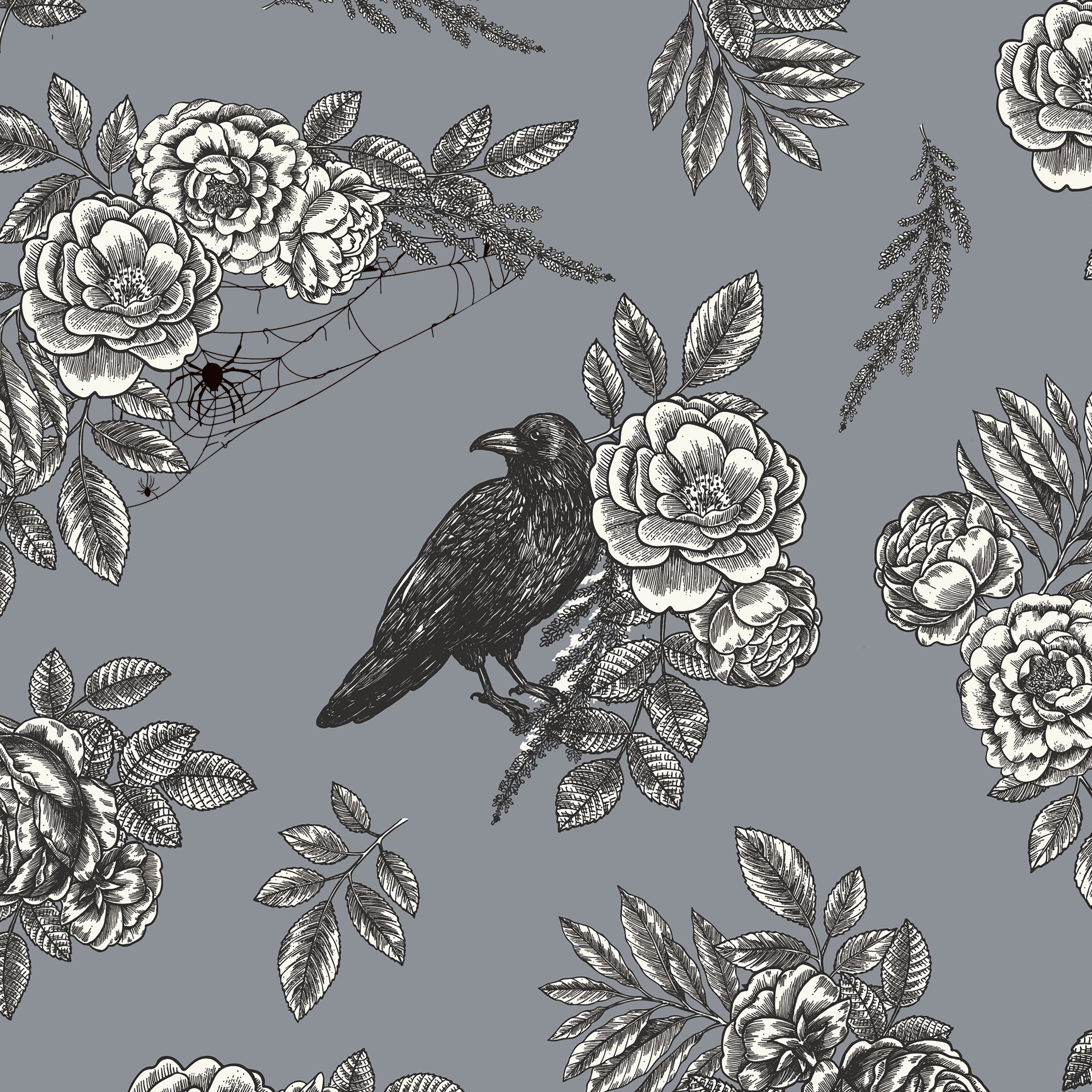 Sophisticated Halloween | Floral Raven Fog 108" Wide Back by My Mind's