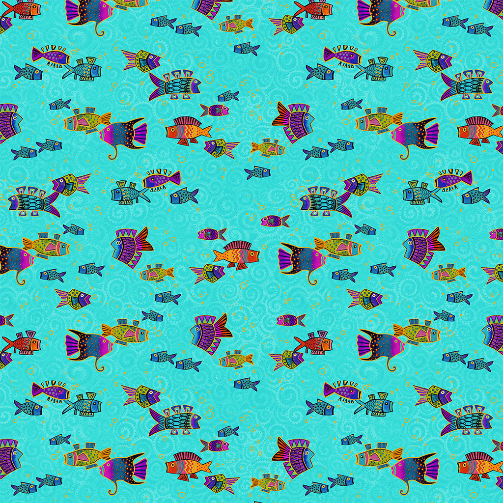Oceania | Fish - Aqua with Gold Metallic by Laurel Burch for Clothwork